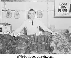 1950S Man Grocer Butcher Smiling Raw Meat Pork Roll 19 Cents Store ...