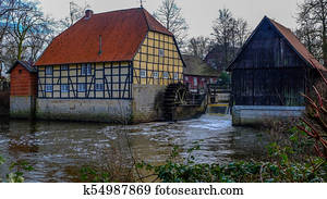 "Schloss Rheda Castle, Schlosspark Rheda Castle Gardens, red murky moat ...