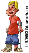 Illustration of boy with cast on broken leg, walking with one crutch ...