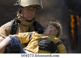 Fire, risk, carrying, child, fireman, rescue Picture | 1189-3064 ...