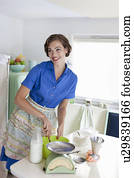 Woman Kitchen Baking Mixing Bowl Apron 1940S Retro Stock Photograph ...