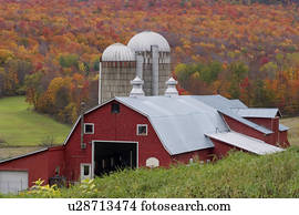 farm, fall, Tunbridge, VT, Vermont, Howe Farm surrounded by colorful ...