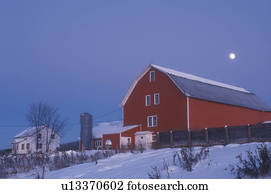 red barn, Vermont, farm, VT, Snow-covered red barn with white trim at ...